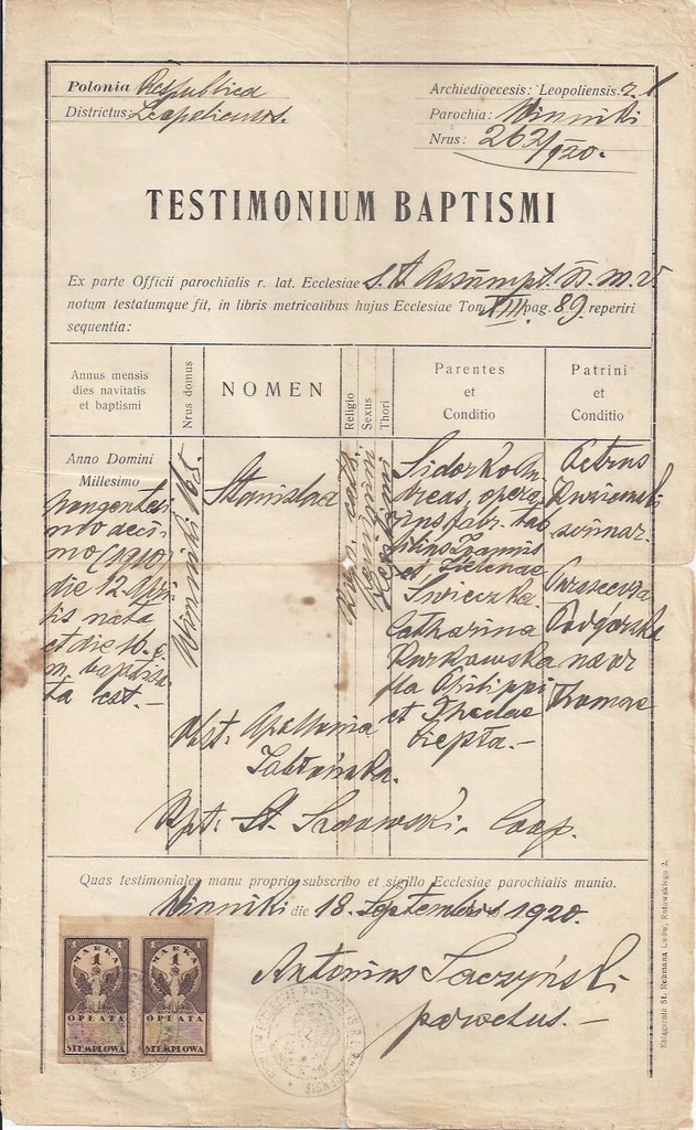 ŚWIADECTWO METRYKA CHRZTU WINNIKI LWÓW 1920 - 12701425268 - oficjalne ...