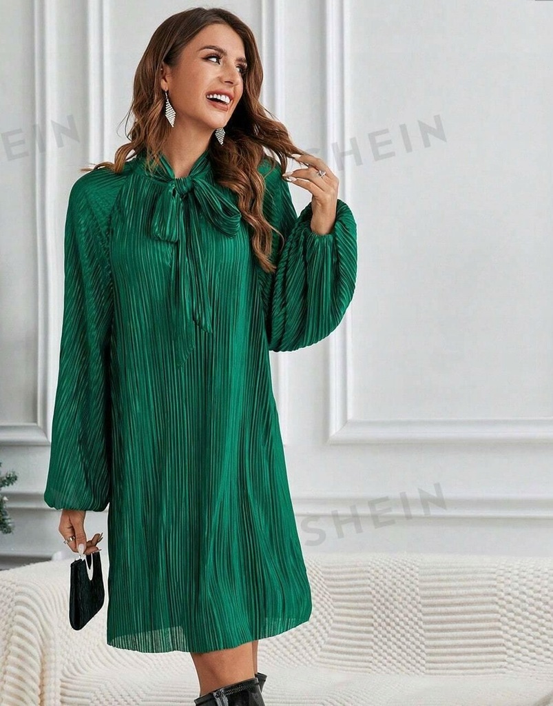 PROSTA SUKIENKA PLISOWANA BUTELKOWA ZIELEŃ KLASYCZNA ELEGANCKA SHEIN XL - 15237448782 ...