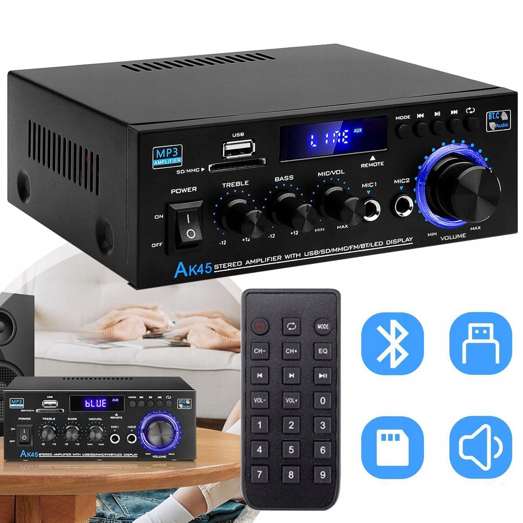 PRZENOŚNY MINI WZMACNIACZ MOCY, 2 KANAŁOWY WZMACNIACZ BLUETOOTH HIFI STEREO - 15226480388 ...