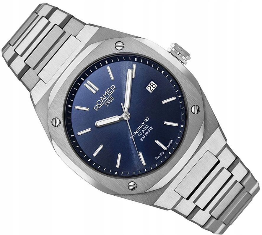 SZWAJCARSKI ZEGAREK MĘSKI ROAMER STINGRAY R7 SILVER/BLUE DATA SZAFIR ...