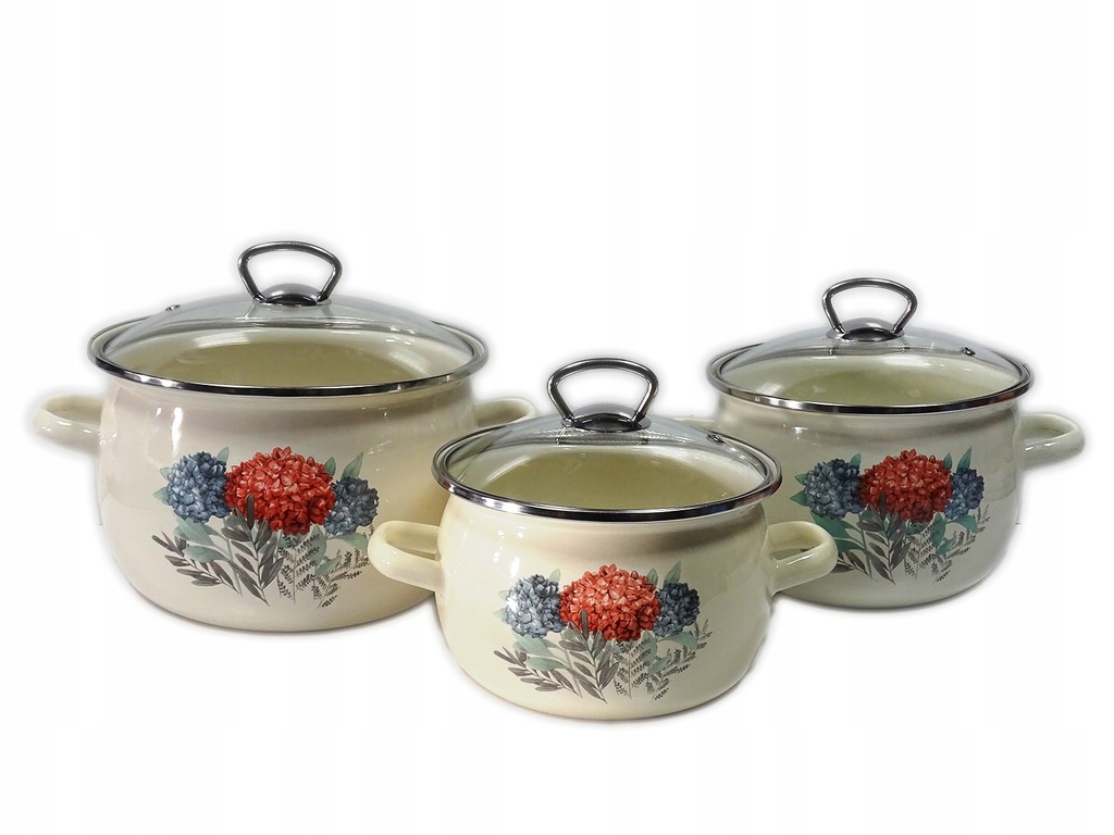 GARNKI EMALIOWANE 6 EL. EMALIA PLESZEW 18-22 CM ZESTAW 3 GARNKÓW SILKE ...