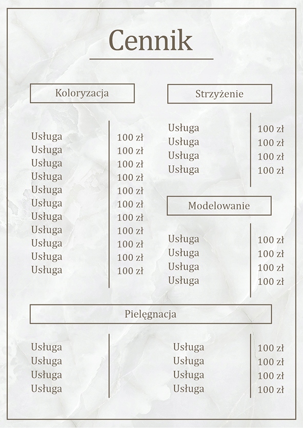CENNIK usług A4 salon kosmetyczny fryzjer DO DRUKU - 13301965857 - oficjalne archiwum Allegro