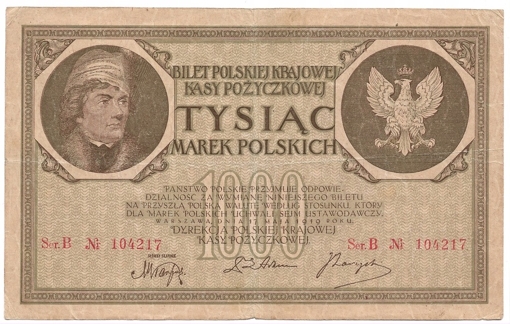 K046 - 1000 marek polskich 1919 r. - Seria B - Stan 3- - 15649392536 - oficjalne archiwum Allegro
