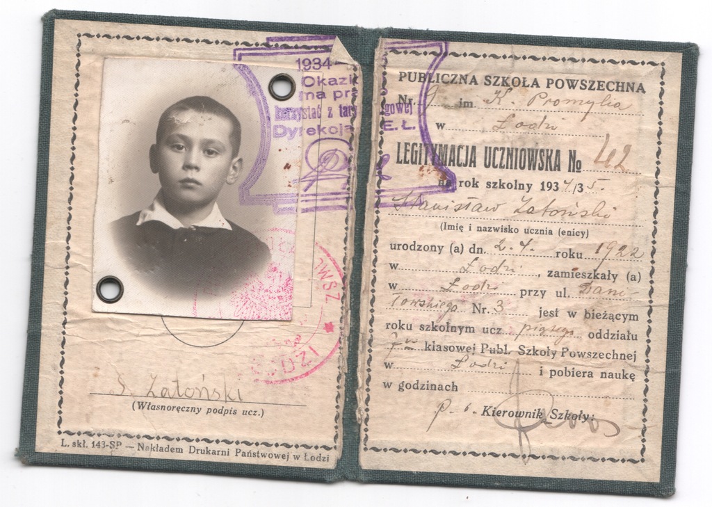 Legitymacja Uczniowska Szkolna Łódź 1934 r. - 14373299773 - oficjalne ...