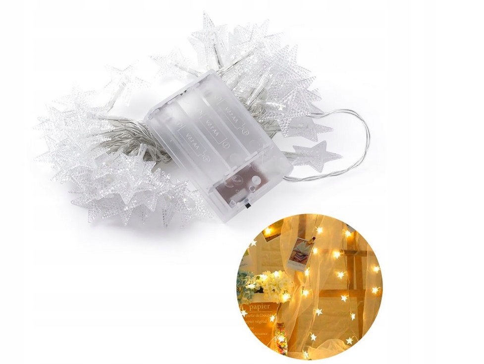 LAMPKI CHOINKOWE GWIAZDKI GIRLANDA ŚWIETLNA NA BATERIE CIEPŁE 40 LED 6M - 14505091222 ...