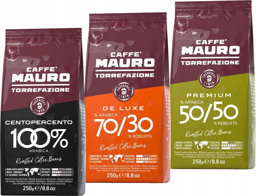 Kawa Włoska MAURO Zestaw PREMIUM 3 x 250g ZIARNO - 13357429668 ...