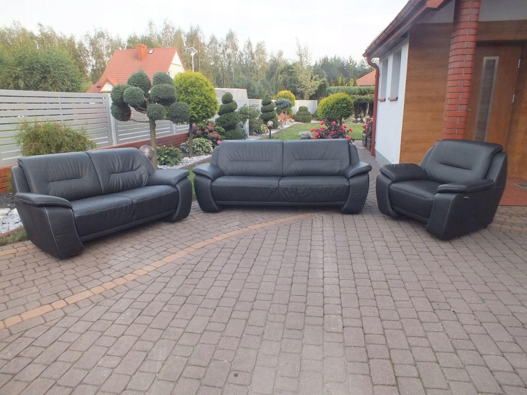 Komplet skórzany Elastoform 3+2+1 kolor czarny. - 12636594843 - oficjalne archiwum Allegro