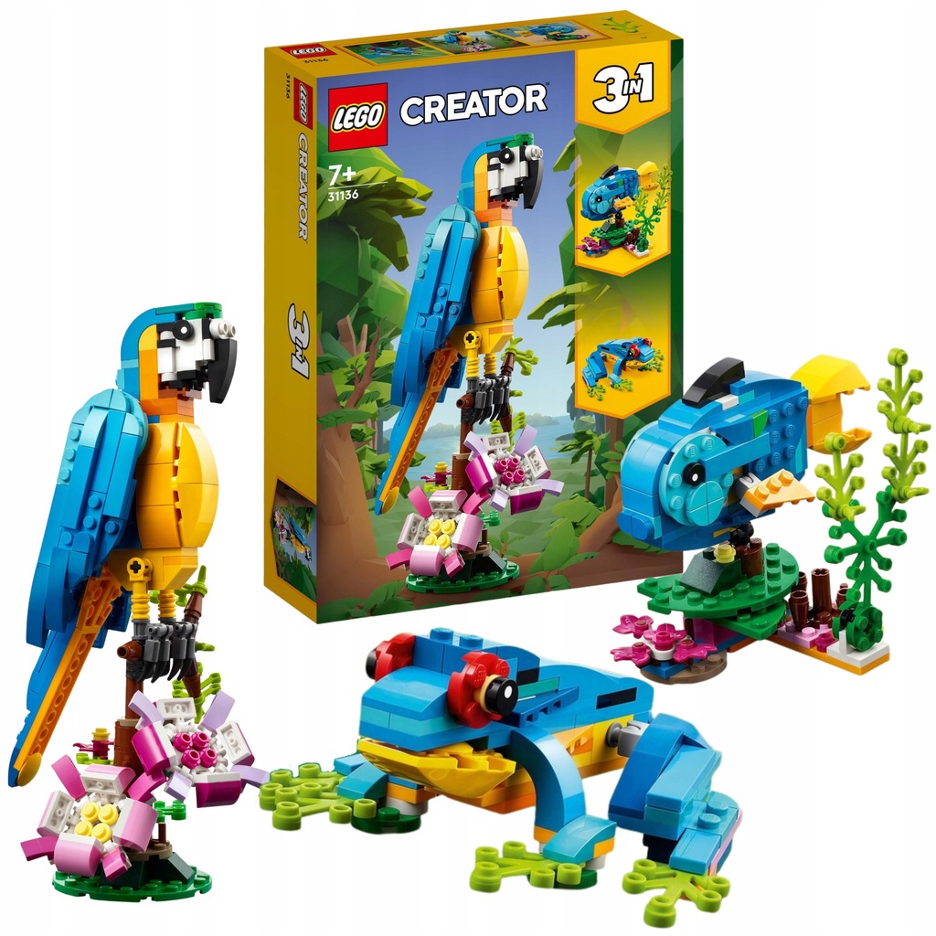 LEGO CREATOR 31136 EGZOTYCZNA PAPUGA RYBA ŻABA KLOCKI ZESTAW 3w1 253 ...