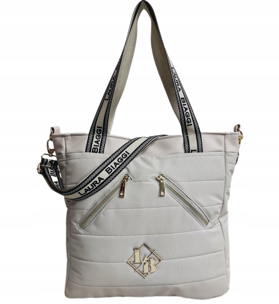 Torebka shopper Laura Biaggi beżowa pikowana A4 - 13161118840 - oficjalne archiwum Allegro