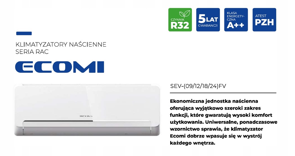 Klimatyzator SEVRA Ecomi 3,5kW jedn. wewnętrzna - 11555517199 - oficjalne archiwum Allegro