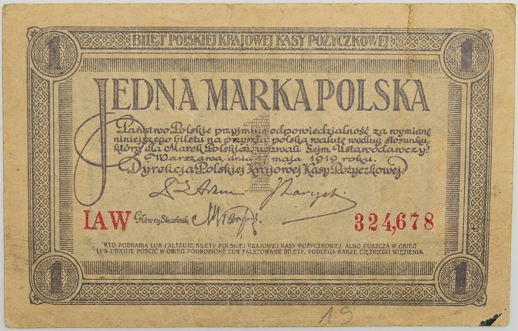 5.eb! II RP, 1 Marka Polska 1919 IAW, St.2-/3+ - 13469263109 ...