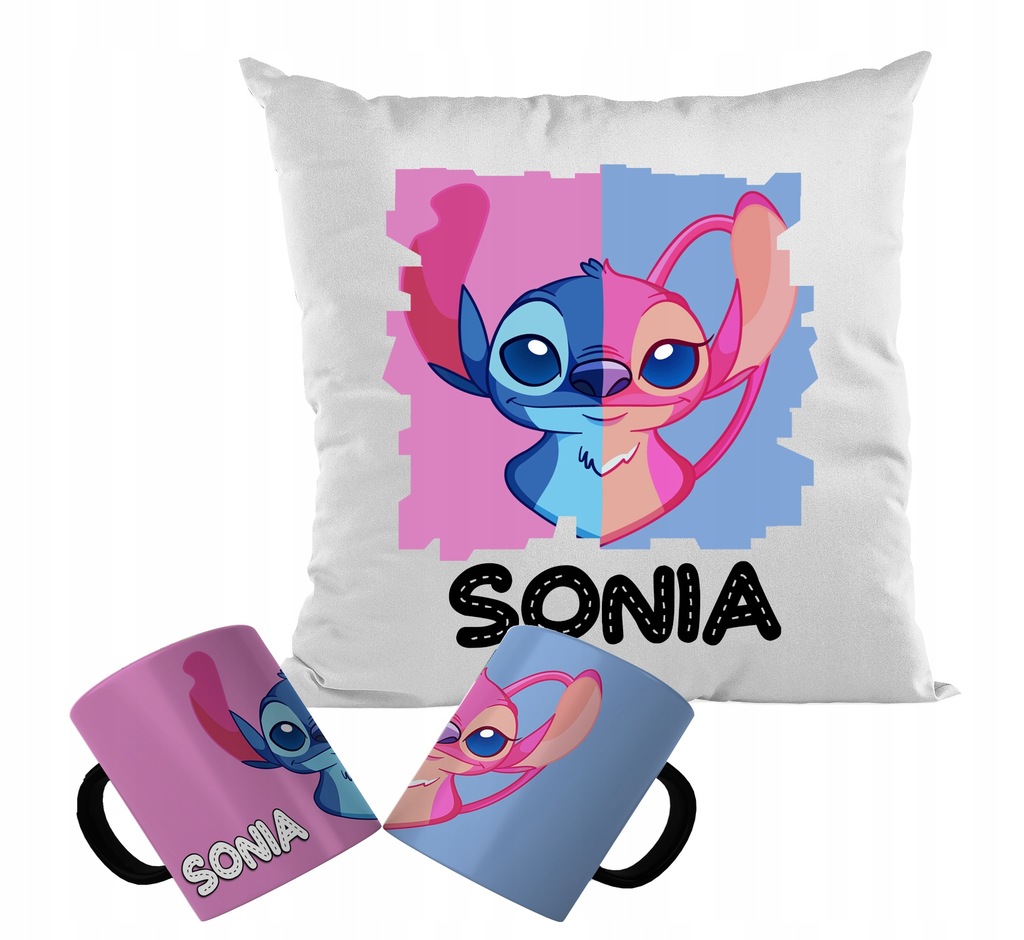 ZESTAW KUBEK + PODUSZKA - LILO STICH BAJKA + IMIĘ - 11795307428 - oficjalne archiwum Allegro