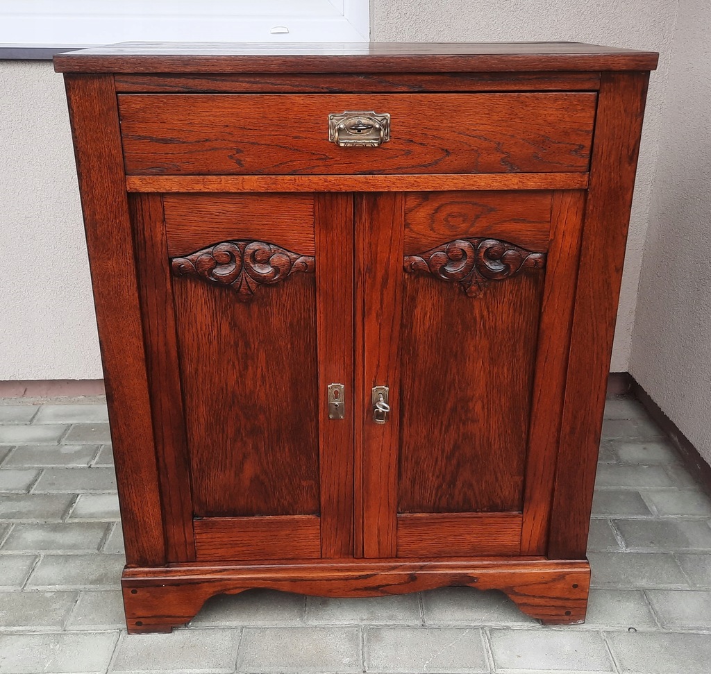 Stara komoda wąska szafka szuflada rzeźbienia B098 - 12362470597 ...