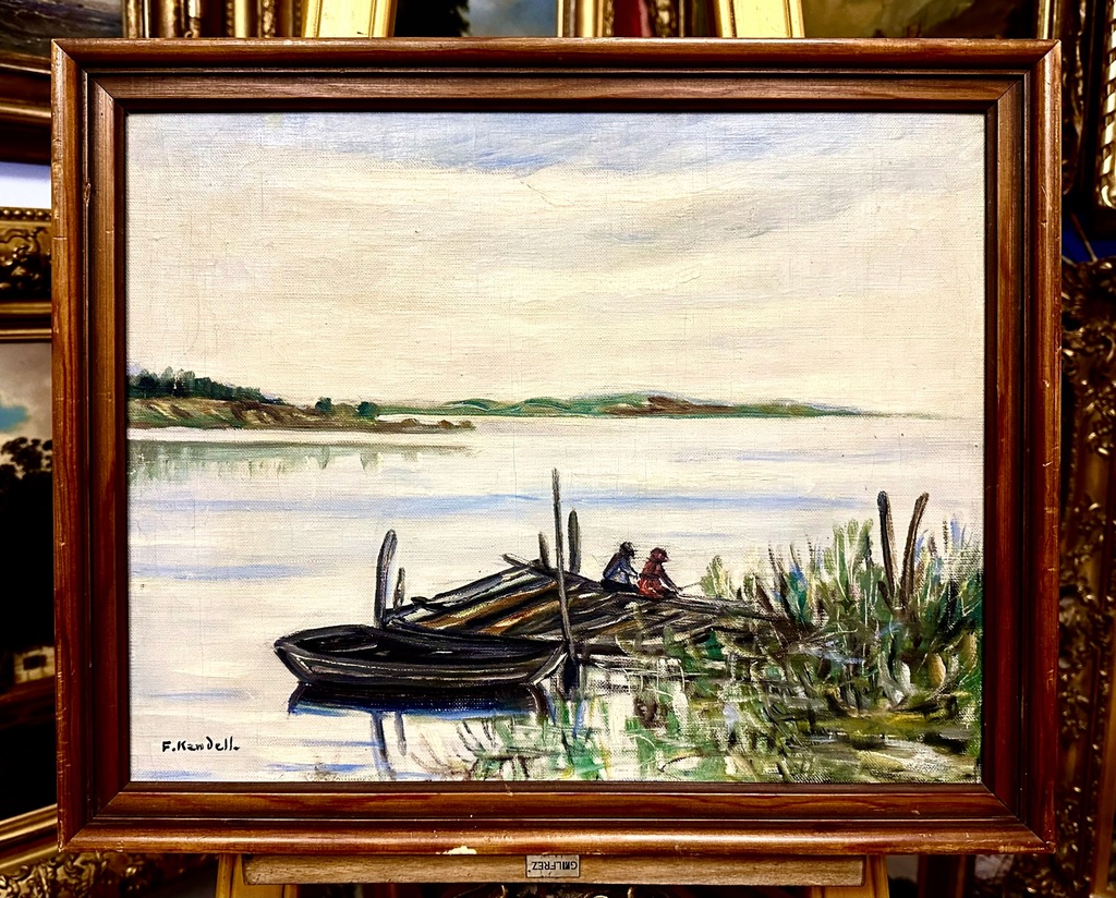 F. KANDELL - PIĘKNA SCENA NA POMOŚCIE PRZY JEZIORZE STARY CENNY OBRAZ ...