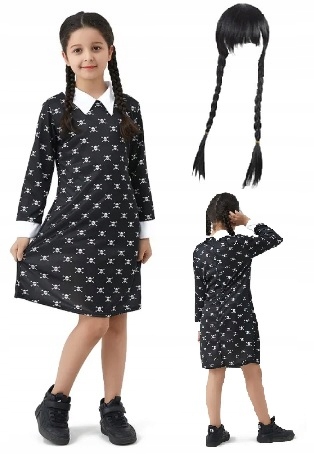 STRÓJ WEDNESDAY KOSTIUM WEDNESDAY PERUKA 110-122 - 14392973208 - oficjalne archiwum Allegro