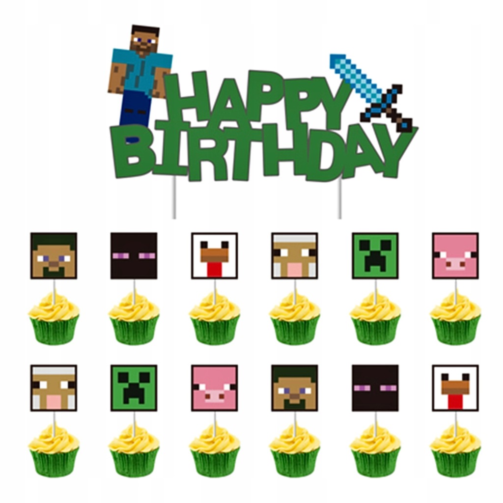 TOPPER NA TORT MINECRAFT TOPER NA BABECZKI TOPPERY NA URODZINY 13 SZTUK ...