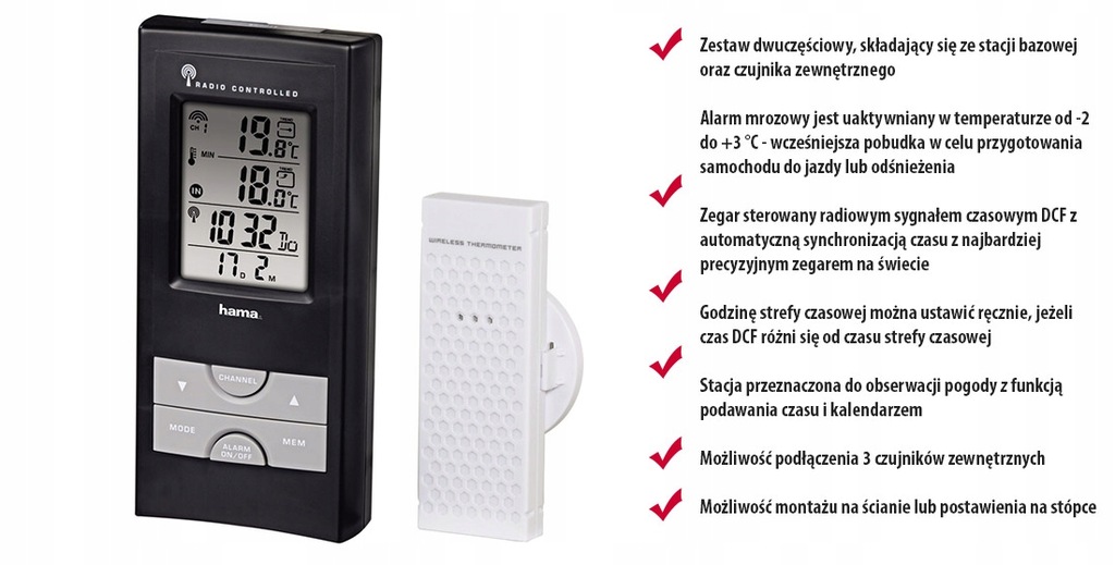 STACJA POGODY HAMA EWS 165 + CZUJNIK ZEWNĘTRZNY - 7621716667 ...