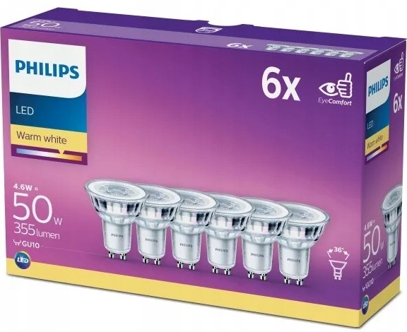 6x Żarówka GU10 PHILIPS LED 4,6W = 50W 2700K 355lm - 9685757194 - oficjalne archiwum Allegro