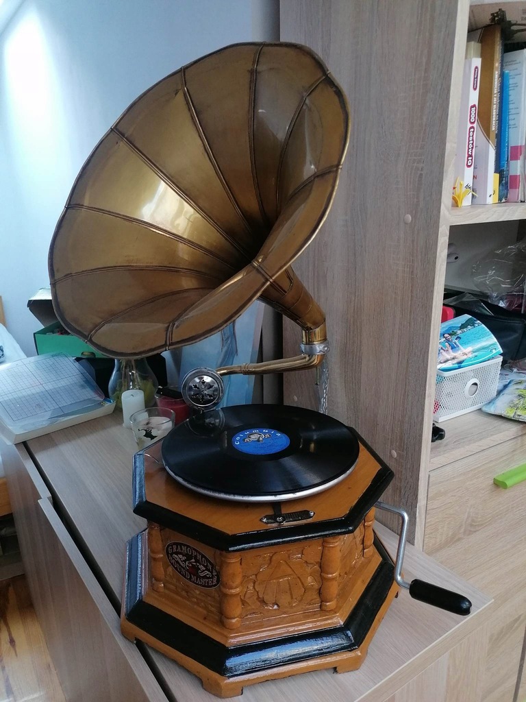Drewniany GRAMOFON Patefon Klasyczny tuba +płyta - 13354806384 ...