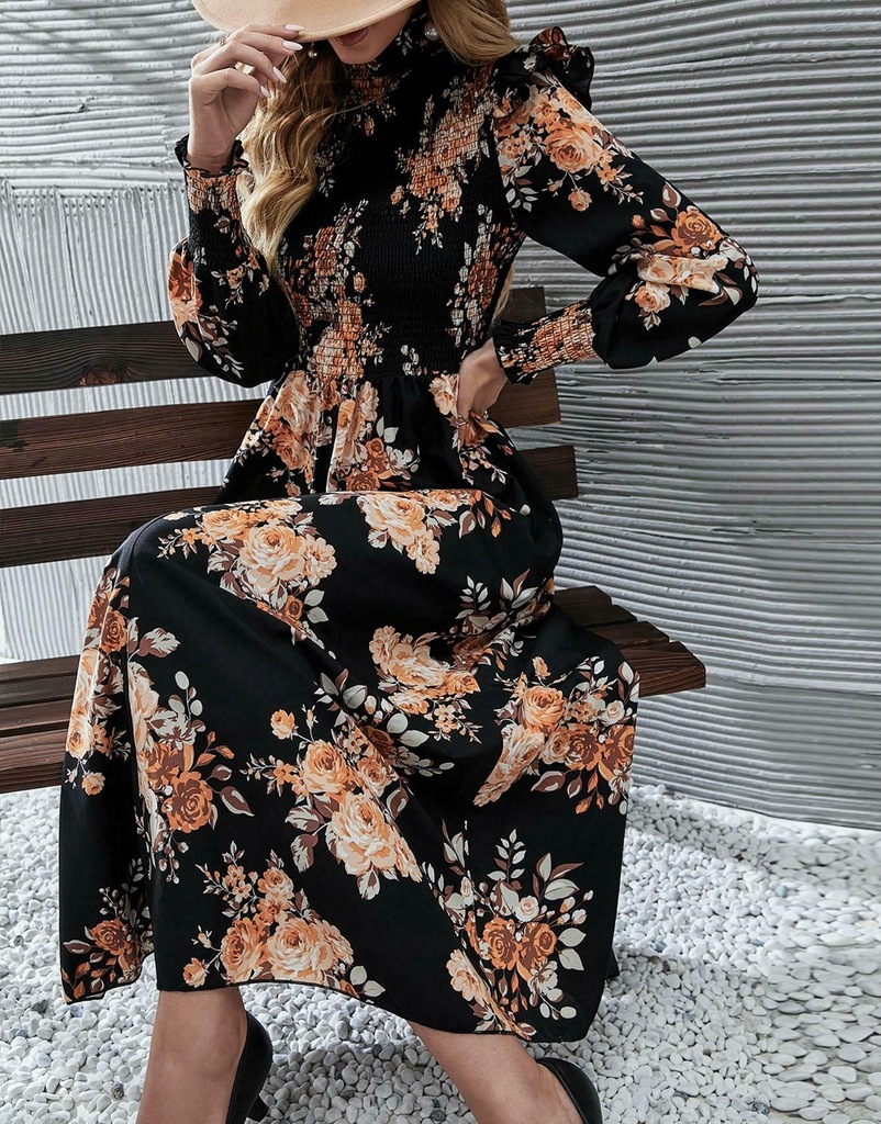 CZARNA ROZKLOSZOWANA ZWIEWNA KLASYCZNA SUKIENKA WZÓR KWIATY SHEIN 36 - 15666316835 - oficjalne ...