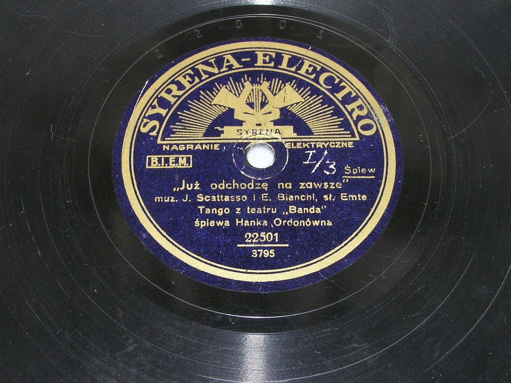 PŁYTA SZELAKOWA JUŻ ODCHODZE... HANKA ORDONÓWNA - 13223488854 ...