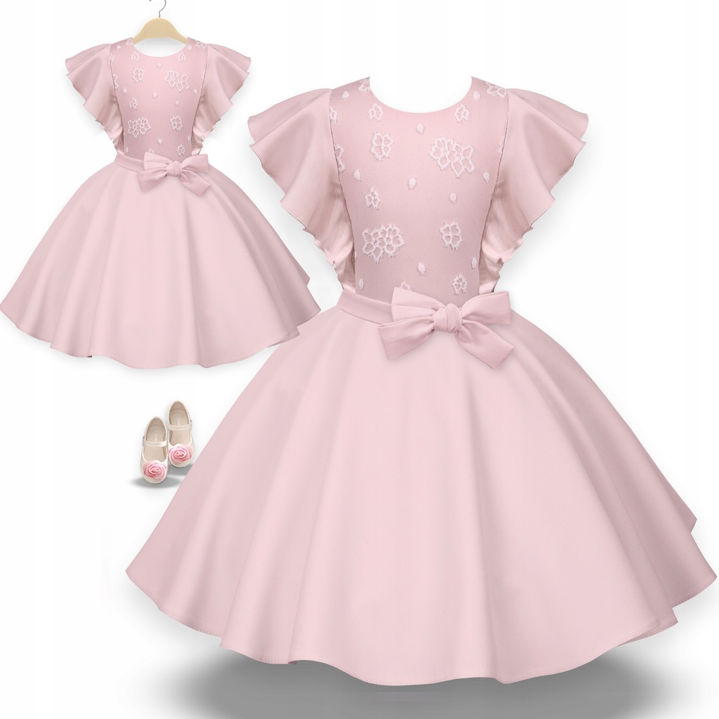 Sukienka WIZYTOWA ELEGANCKA koronka falbany MOTYL puder 128 RIMKO ...