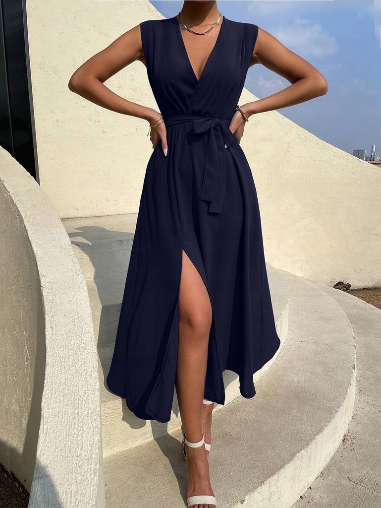 B35U013 SUKIENKA MIDI GRANATOWA Z PASKIEM SHEIN L - 12615717290 - oficjalne archiwum Allegro