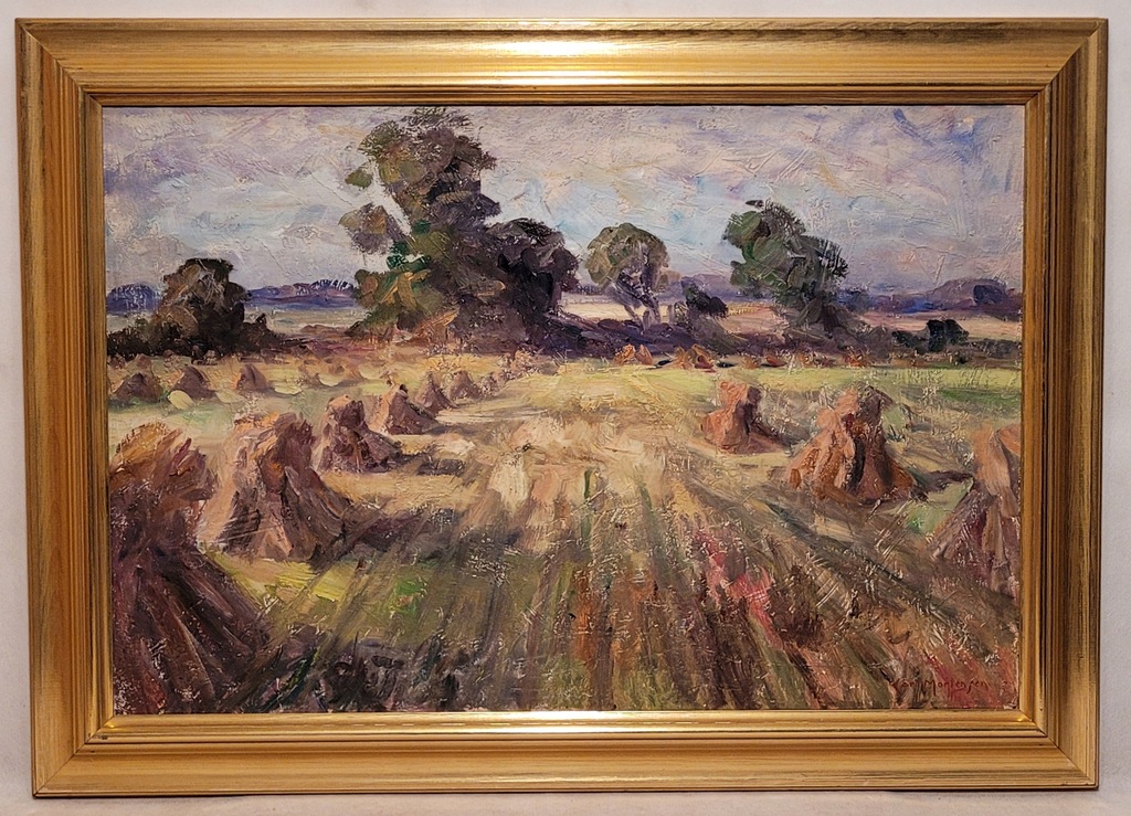 CARL MORTENSEN (1905 - ) - „ LETNI PEJZAŻ - ŻNIWA ”, wyjątkowy obraz ...