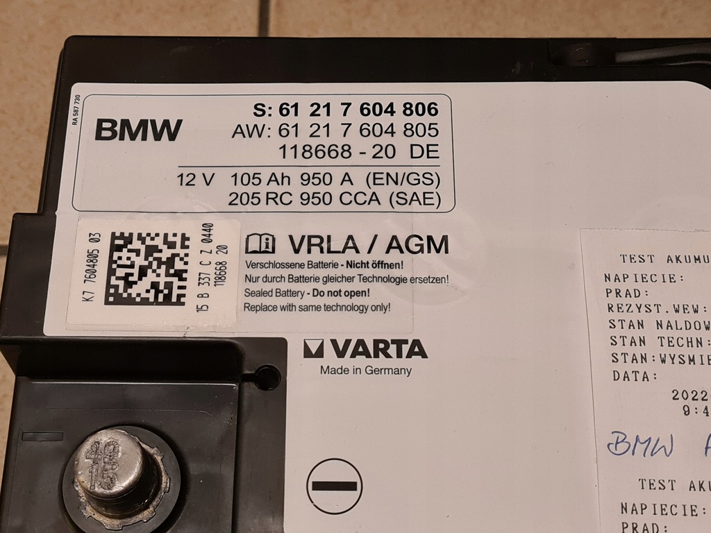 Akumulator BMW Varta AGM 105Ah 950A - 87% - 12063246334 - oficjalne archiwum Allegro