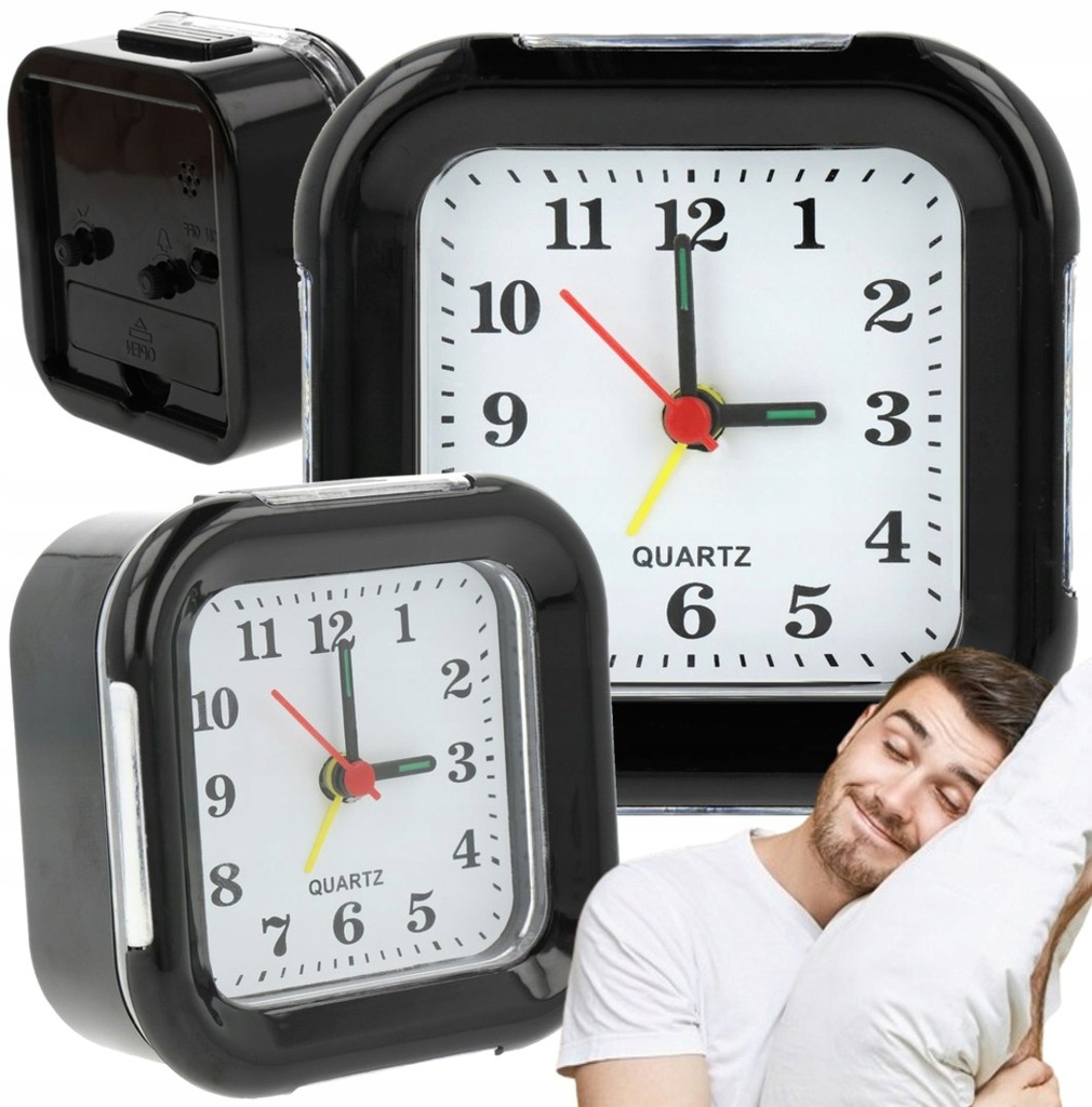 O6 KWADRATOWY BUDZIK TRADYCYJNY CZYTELNY ANALOGOWY PODŚWIETLANY ZEGAR ALARM - 14985401766 ...