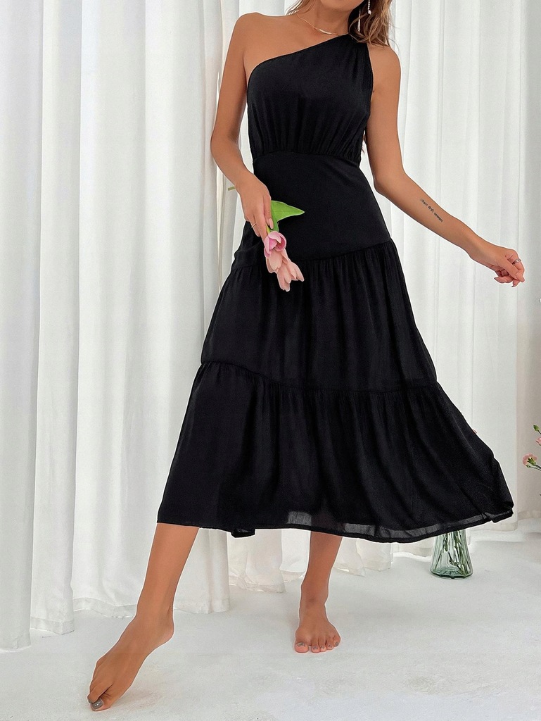 R30W008 CZARNA SUKIENKA NA JEDNO RAMIĘ SHEIN 38 - 13356494840 - oficjalne archiwum Allegro