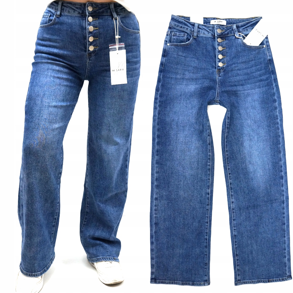 M.SARA DAMSKIE SPODNIE JEANSOWE WYSOKI STAN PROSTE SZEROKIE NOGAWKI 34 XS - 16789625699 ...