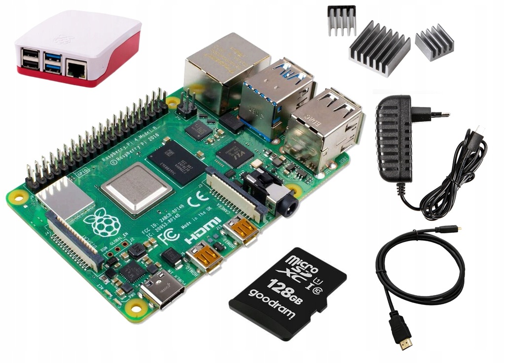 Zestaw All in one, RaspberryPi 4B 4GB, obudowa, karta 128GB, zasilacz ...