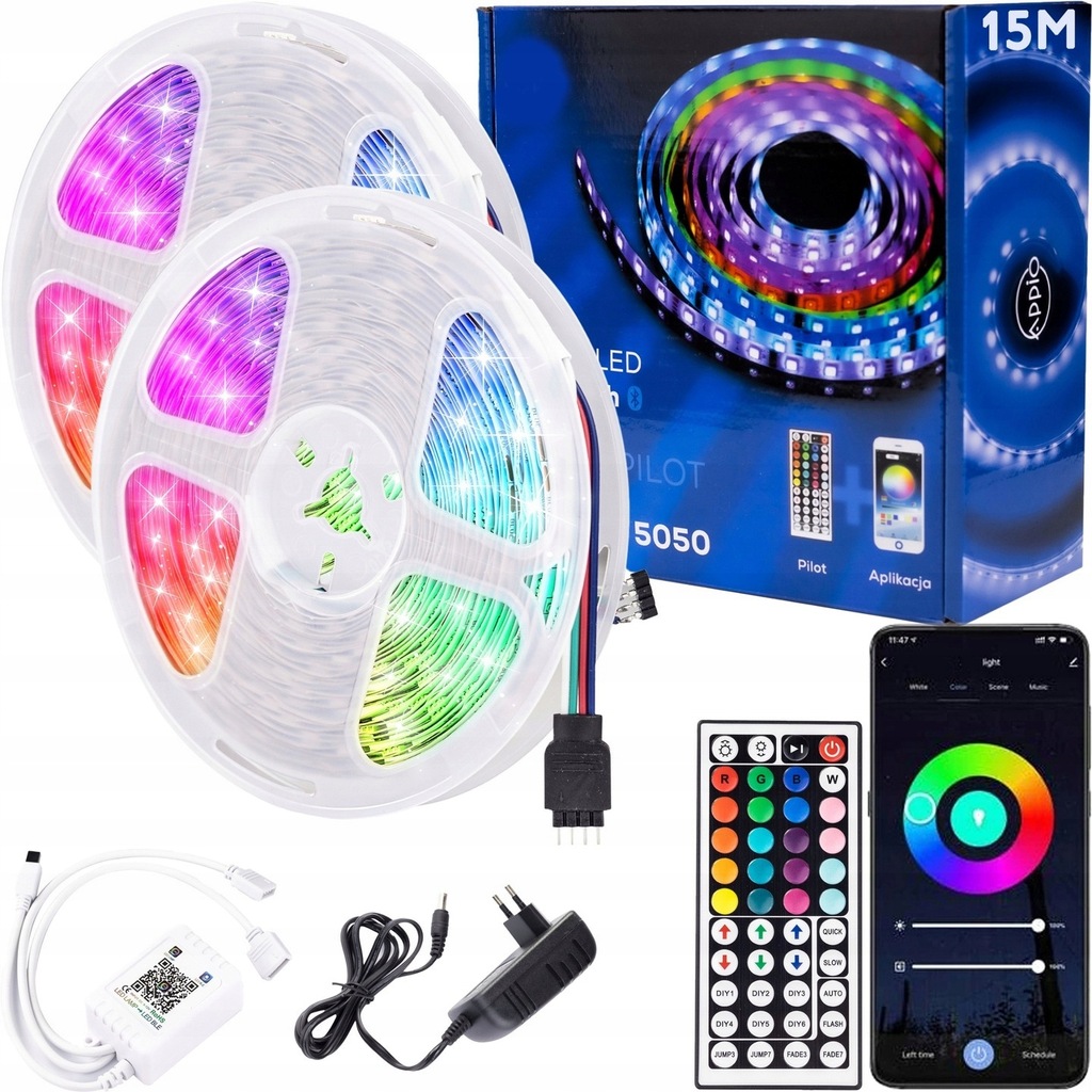 Taśma LED 15m RGB Bluetooth + PILOT Zestaw LEDY - 13409912495 ...