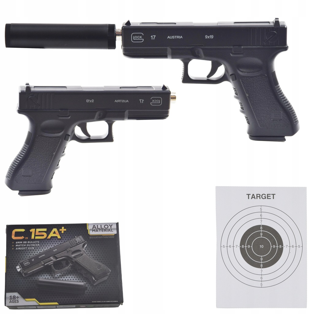 PISTOLET GLOCK METAL TŁUMIK NA KULKI REPLIKA ASG - 12672418428 ...