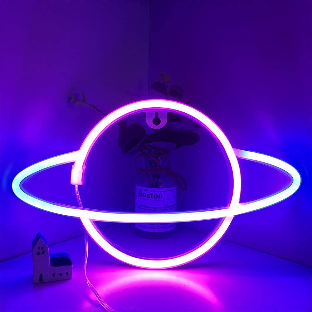Neon LED USB saturn planeta różowo niebieski LAMPA - 12547302489 ...