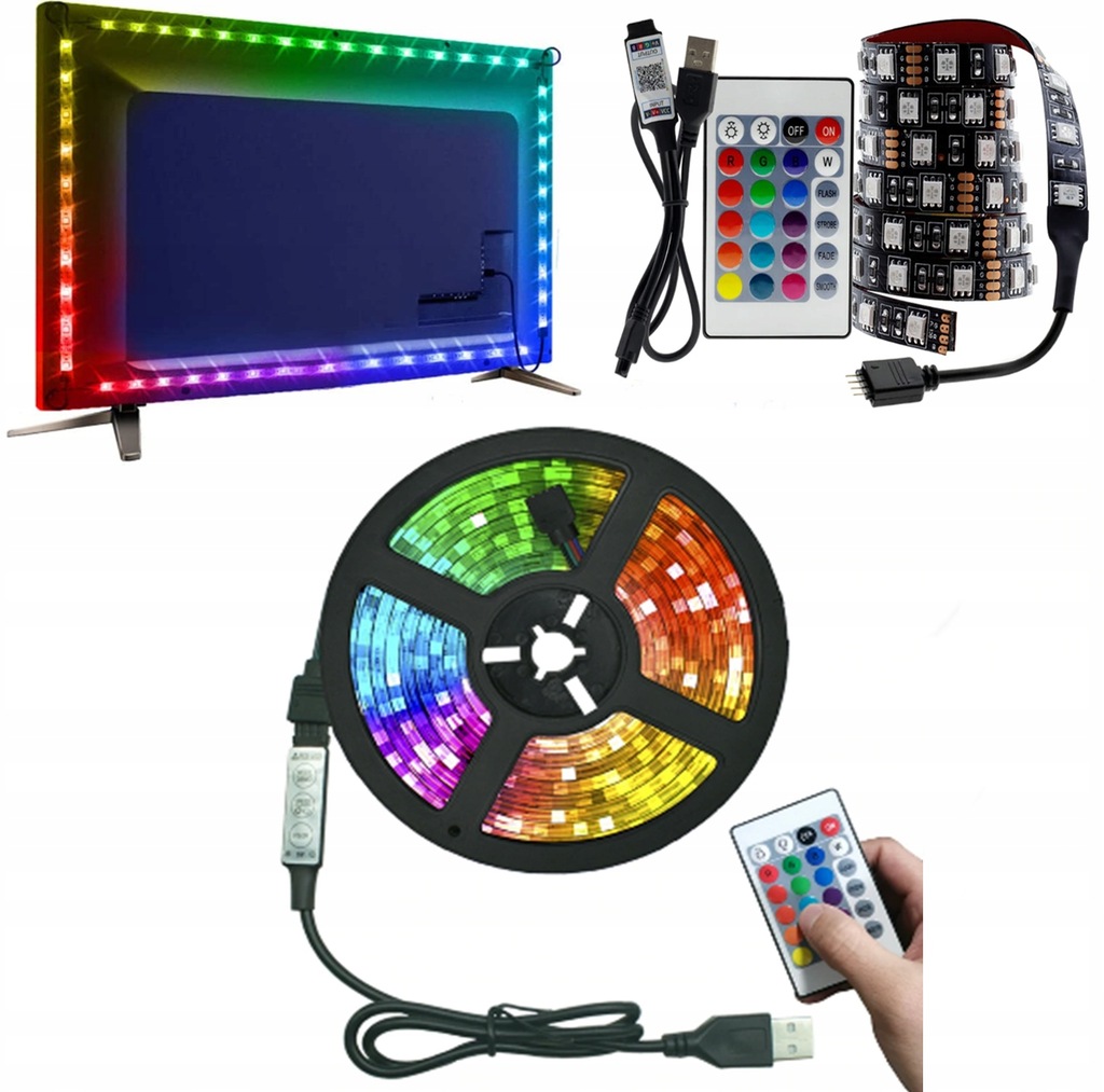TAŚMA LED RGB USB 5V PODŚWIETLENIE TV 3M + PILOT - 10220803534 ...