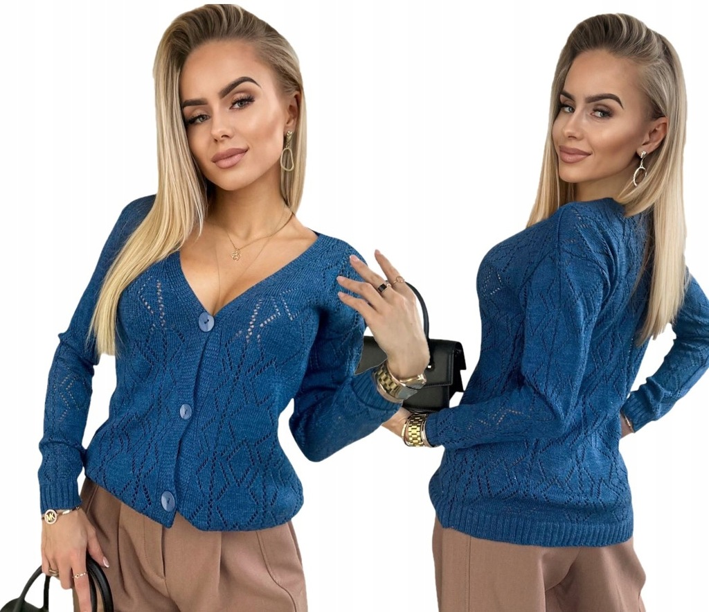 ROZPINANY SWETER damski krótki kardigan mięciutki ażurowy - 15047552091 ...