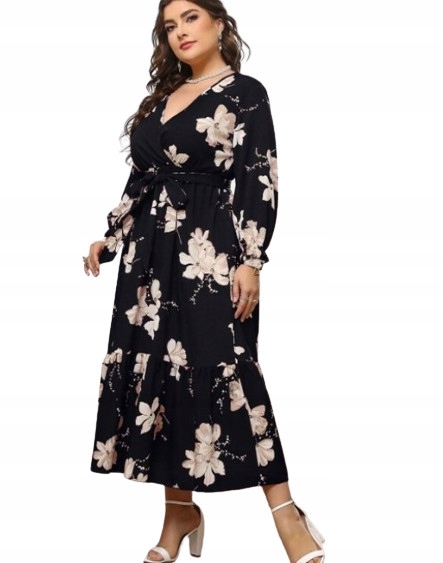 CZARNA ELEGANCKA SUKIENKA ROZKLOSZOWANA MIDAXI WZÓR BEŻOWE KWIATY SHEIN 48 - 15286948751 ...
