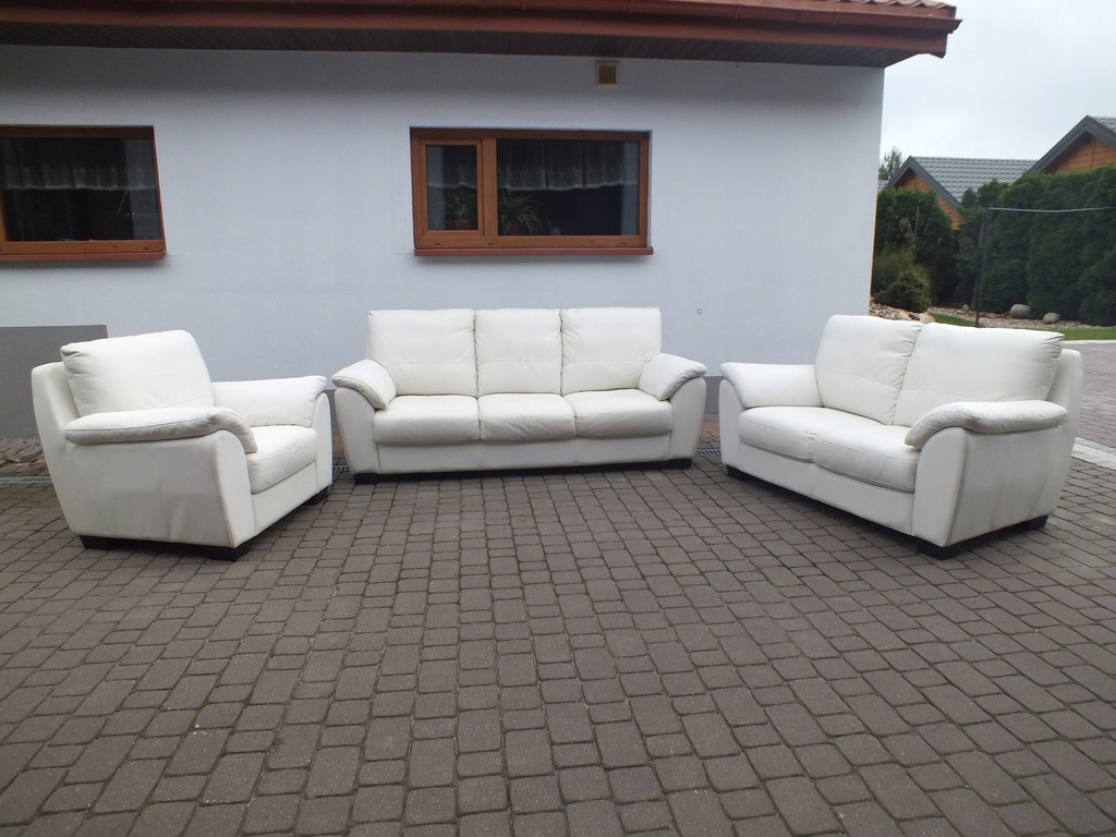 Bardzo reprezentacyjny zestaw kanap skórzanych 3+2+1. Kolor ecru. - 14902278530 - oficjalne ...