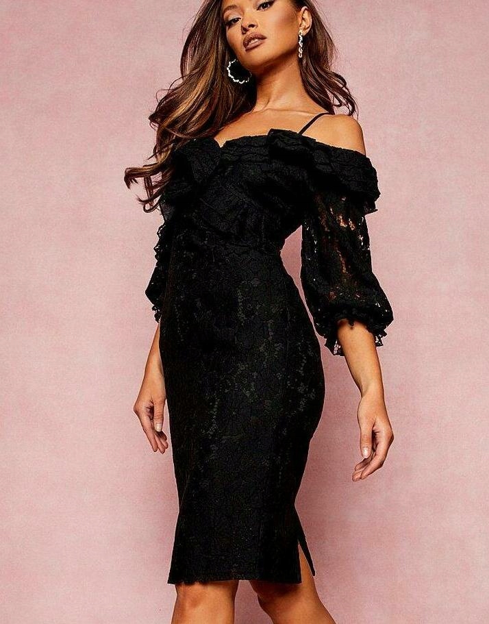 CZARNA KORONKOWA SUKIENKA MIDI ELEGANCKA FALBANY BOOHOO 38 - 15392841311 - oficjalne archiwum ...