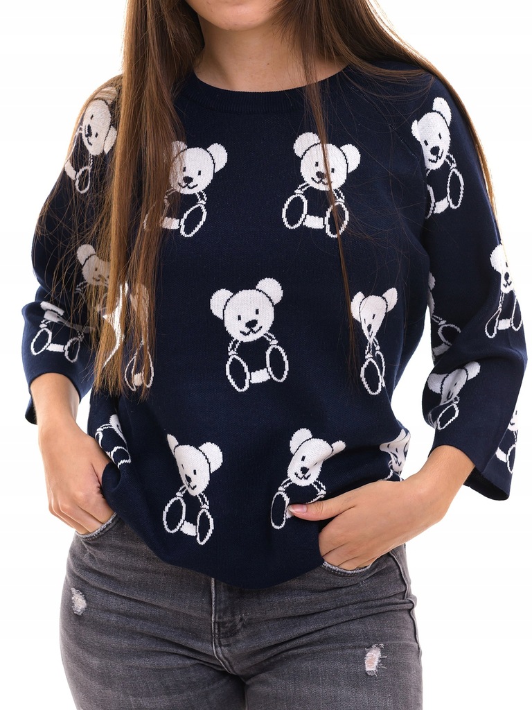 Sweter damski okrągły dekolt miś granatowy L/XL - 11178234329 ...