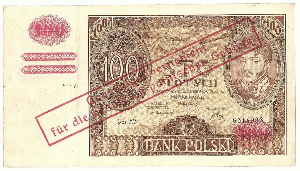 Banknot Polska Okupacja 100 złotych 1932 9 AV IV+ Fałszywy Przedruk z ...