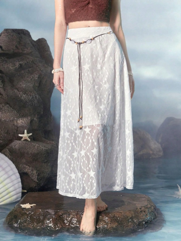 ROMWE BIAŁA KORONKOWA MAXI SPÓDNICA WZÓR GWIAZDY 9HI NF9__L ...