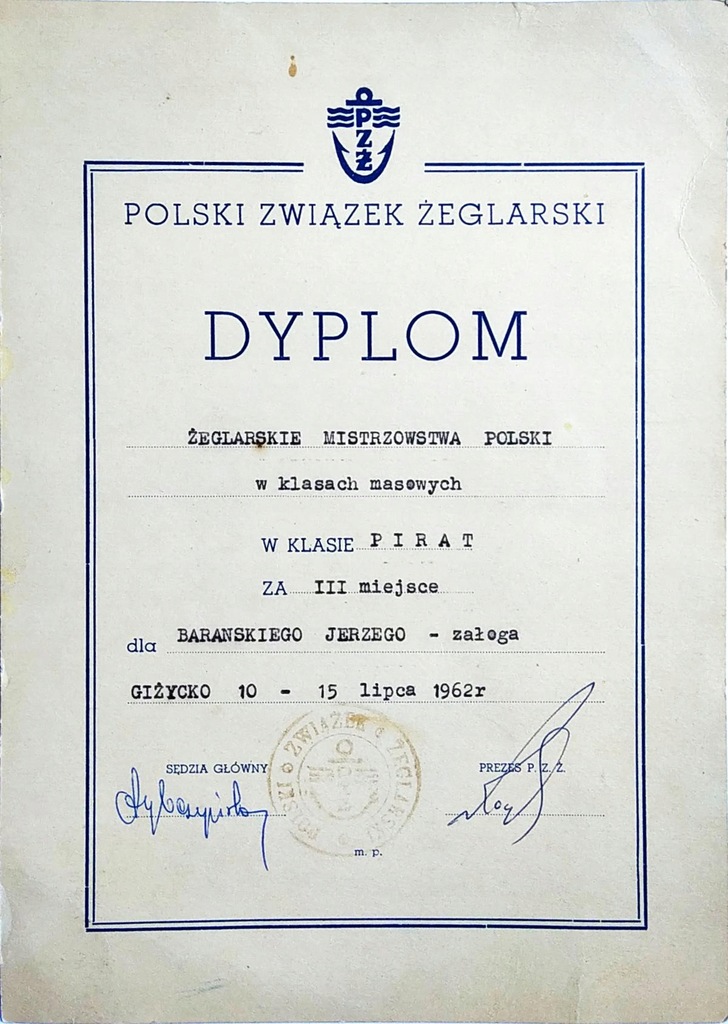 ŻEGLARSKIE MISTRZ.POLSKI GIŻYCKO 1962-DYPLOM - 14182430222 - oficjalne ...