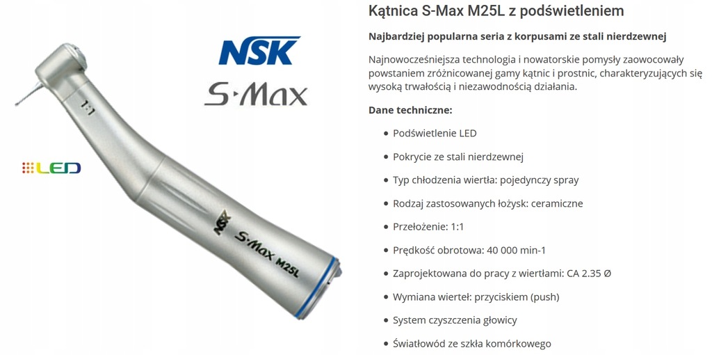 NSK M25L KĄTNICA na mikrosilnik 1:1 ze ŚWIATŁEM - 12826771556 - oficjalne archiwum Allegro