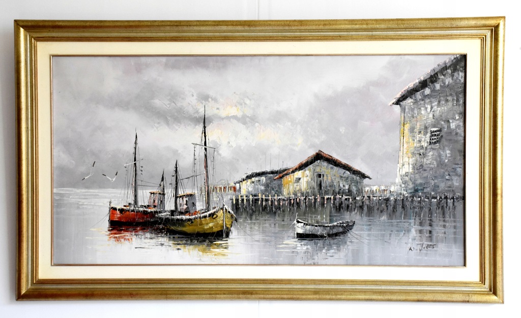 DUŻY OBRAZ STATKI, ŁÓDŹ RYBACKA, PRZYSTAŃ 145/85CM - 11953340033 ...