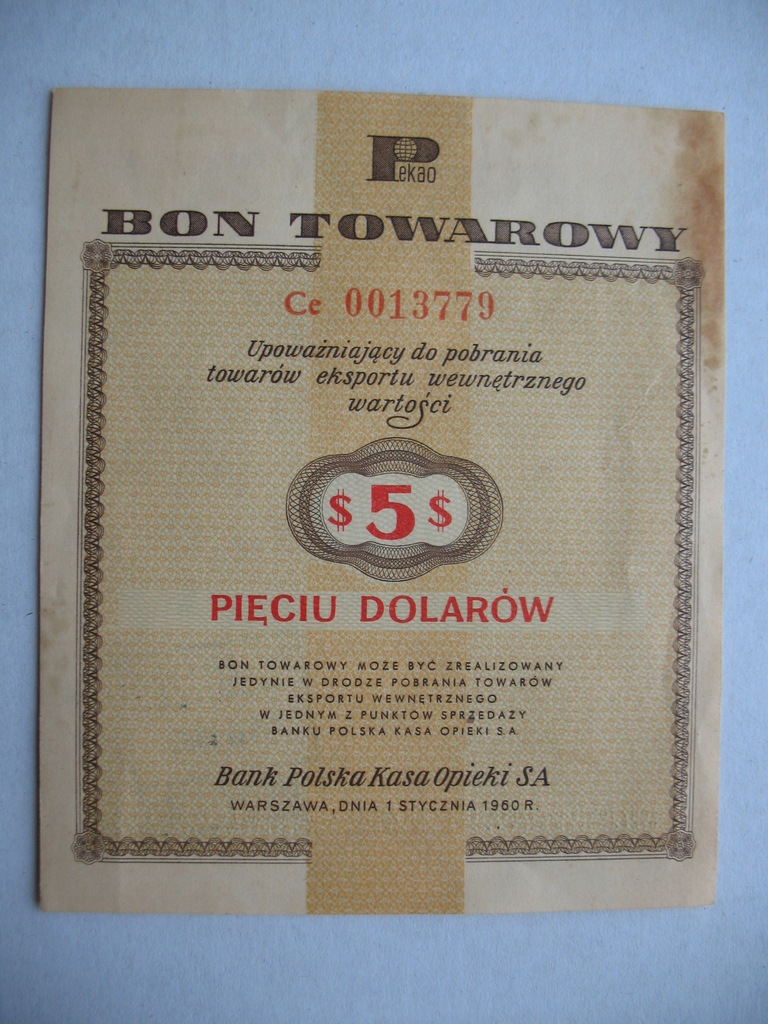 PEWEX BON TOWAROWY 5 DOLARÓW 1960 SERIA Ce Z KLAUZULĄ - 14737932029 ...