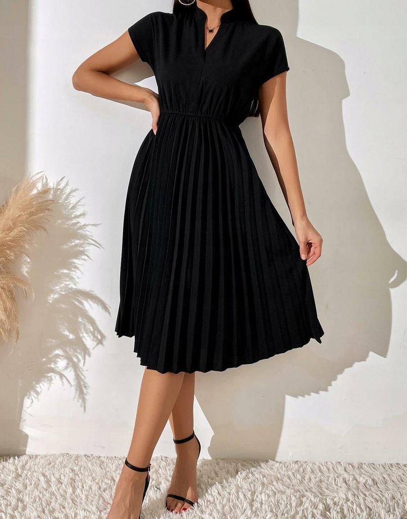 CZARNA PLISOWANA SUKIENKA MIDI STÓJKA KRÓTKI RĘKAW GŁADKA PROSTA SHEIN 36 - 15928599937 ...