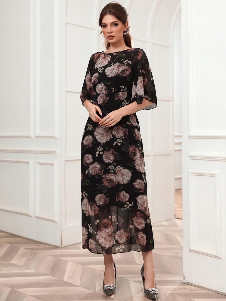 R60K018 SUKIENKA PROSTA CZARNA KWIATY SHEIN XL - 12895252241 - oficjalne archiwum Allegro